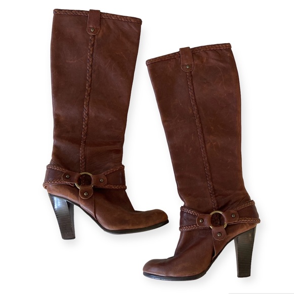 Frye | Shoes | Frye Vicky Tall Braided Harness Heeled Boots Cognac ...